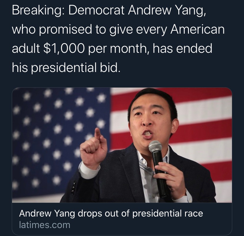Sad day for the Democratic Party. Yang was a true ... | Fishbowl