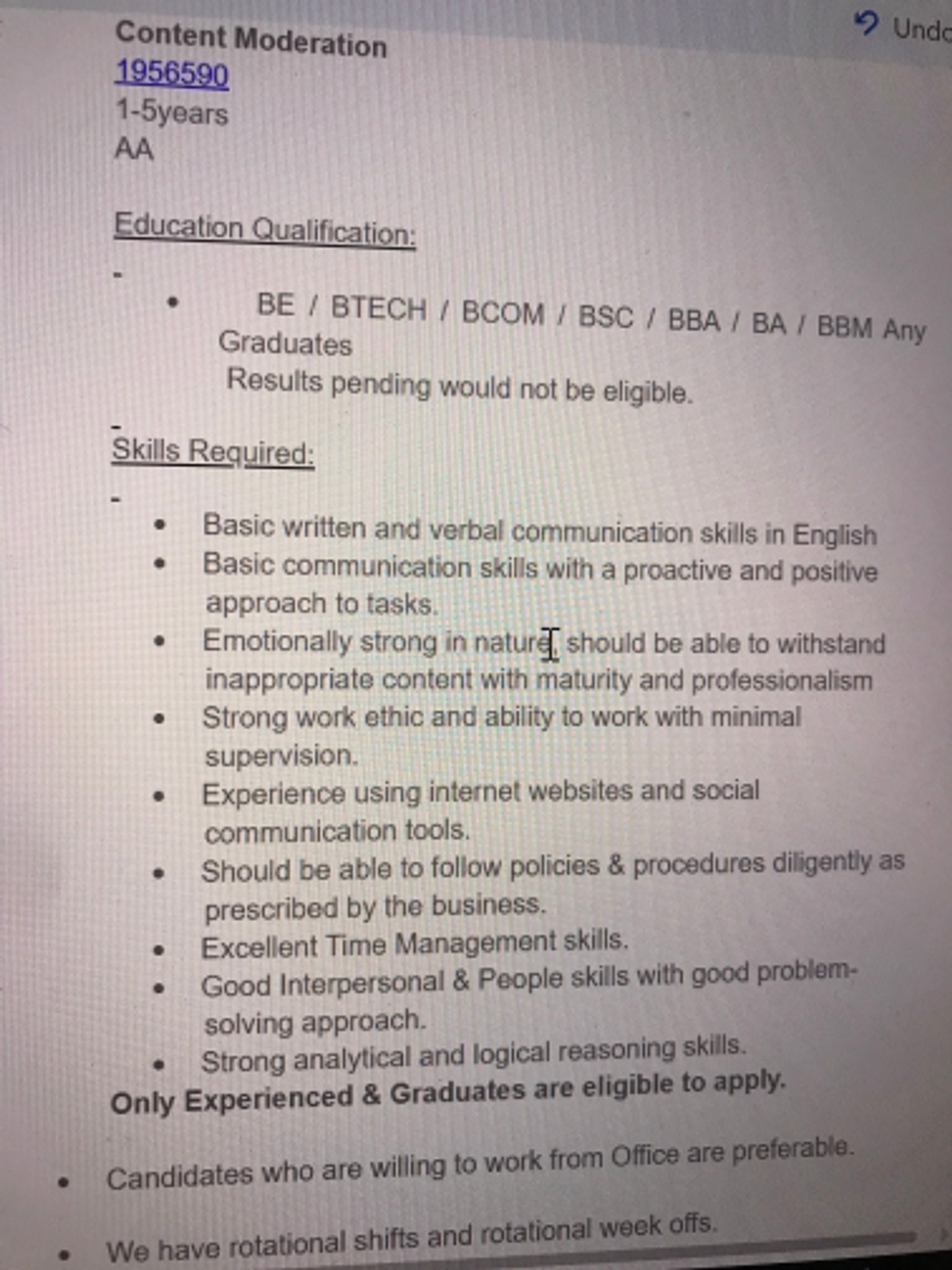 Job identified for content moderation. YOE-1 to 5 ... | Fishbowl